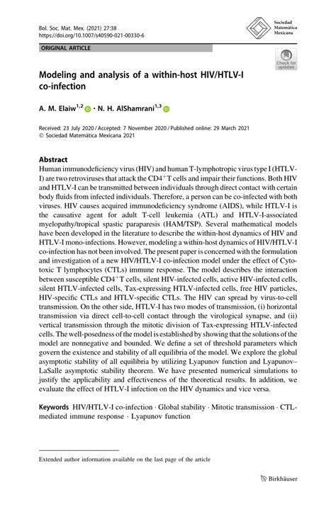 Pdf Modeling And Analysis Of A Within Host Hiv Htlv I Co Infection