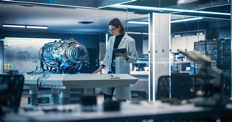 태블릿 컴퓨터를 사용하여 미래형 터보팬 모터의 작동 방식을 분석하고 연구하는 수석 엔지니어 산업 첨단설비 혁신기술 개발 여성 과학자 산업에 대한 스톡 사진 및 기타 이미지