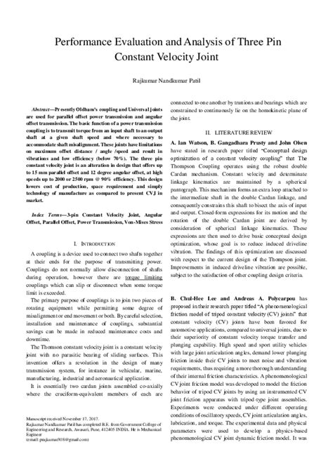 Pdf Performance Evaluation And Analysis Of Three Pin Constant Velocity Joint
