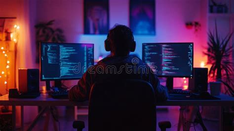 Night Coder Working On Dual Monitor Setup In A Vibrant Room Stock