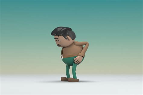 갈색 긴팔 셔츠 녹색 바지를 입은 콧수염을 가진 남자 그는 슬프거나 고통 스럽습니다 연기에서 만화 캐릭터의 3d 일러스트 레이터 3차원 형태에 대한 스톡 사진 및 기타