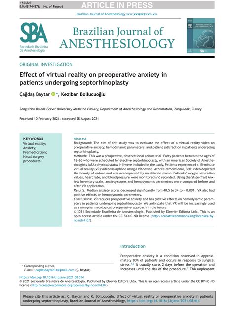 Pdf Effect Of Virtual Reality On Preoperative Anxiety In Patients Undergoing Septorhinoplasty