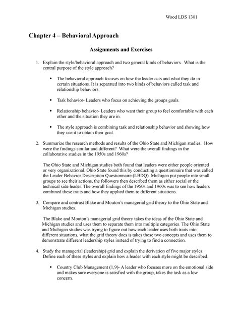 Leadership Chapter 4 Questions U04340 Chapter 4 Behavioral Approach
