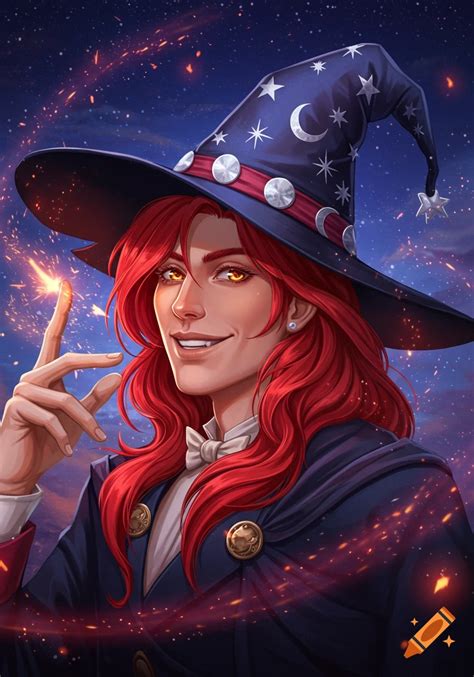 A Red Haired Wizard With Golden Eyes And A Mischievous Smile Wearing A