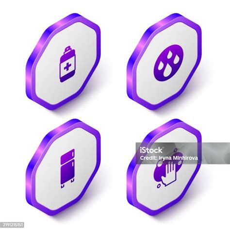 아이소 메트릭 항균 비누 물방울 냉장고 및 스폰지 아이콘을 설정합니다 보라색 육각형 버튼 벡터 3차원 형태에 대한 스톡 벡터