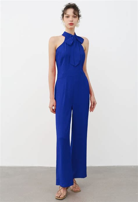 Sleek Bowknot Halter Neck Jumpsuit In Indigo Retro Indie And Unique