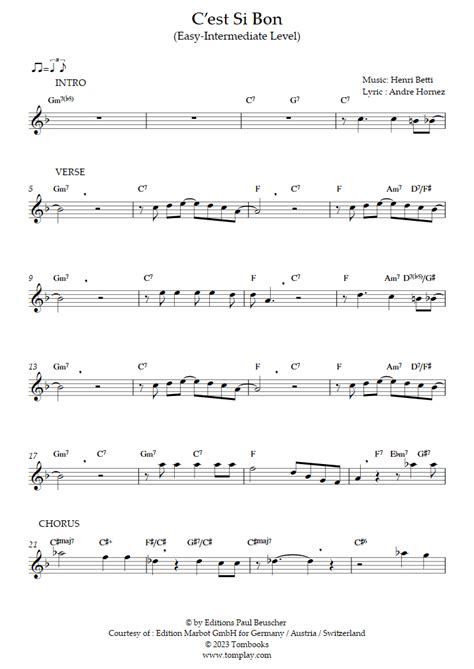 Cest Si Bon Easy Intermediate Level Alto Sax Louis Armstrong