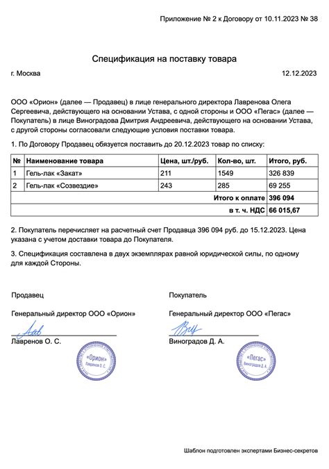 Спецификация на поставку товара образец 2024