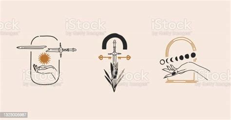 손으로 그린 벡터 추상 스톡 플랫 그래픽 일러스트와 로고 요소 골드 태양의 보헤미안 매직 라인 아트 여성 손과 달의 위상은 브랜딩을위한 간단한 스타일로 색상 배경에 고립