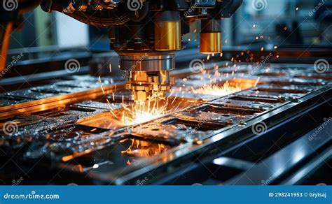 The Cnc Milling Machine Cutting The Metal Part With The Sparking Stock