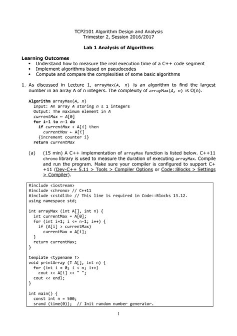 175578 Lab01 Analysis Of Algorithms V 2 Tcp2101 Algorithm Design And