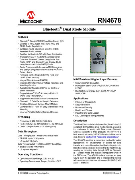 Rn4678 Bluetooth Dual Mode Module Pdf Bluetooth Microcontroller