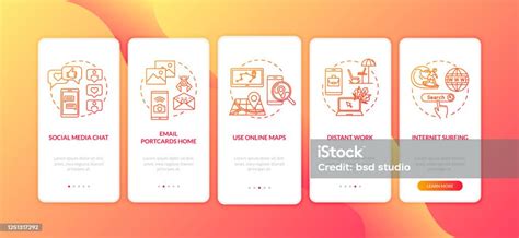 인터넷 서비스는 개념이 있는 모바일 앱 페이지 화면을 온보딩합니다 온라인 채팅 먼 작업 및 탐색 연습 5 단계 그래픽 지침 Rgb 색상 그림이 있는 Ui 벡터 템플릿