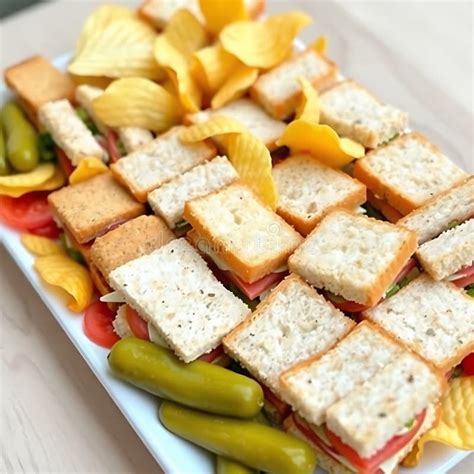 A Platter Of Assorted Mini Sandwiches Chips And Pickles On A