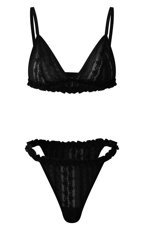 Black Textured Lace Triangle Lingerie Set Lingerie And Nightwear