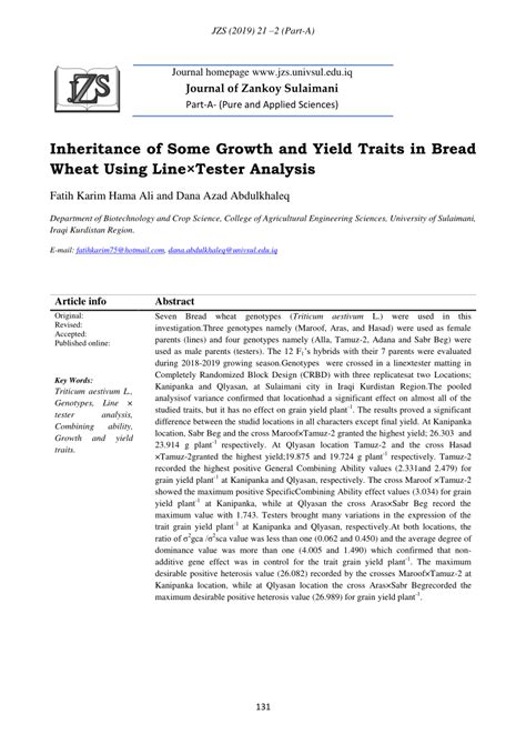 Pdf Inheritance Of Some Growth And Yield Traits In Bread Wheat Using Line×tester Analysis