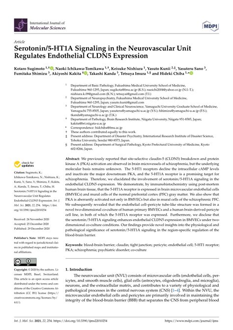 Pdf Serotonin 5 Ht1a Signaling In The Neurovascular Unit Regulates