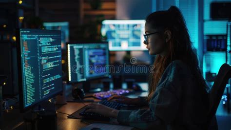 A Young Woman Wearing Glasses Is Coding In Front Of A Computer In A Dark Room Aig51a Stock