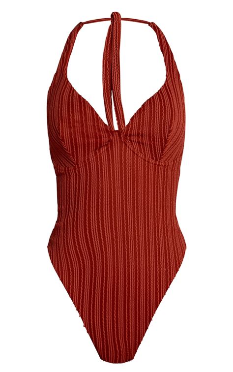 Rust Striped Textured Underwired Swimsuit Swimwear Plt