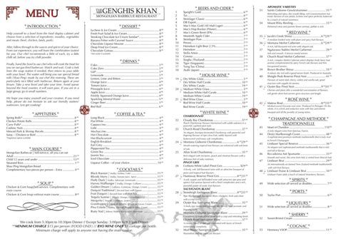 Menu At Genghis Khan Bbq Wellington