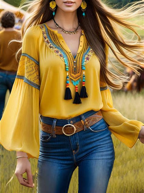 2024 Dreamfire Flare Sleeves Boho Blouse Floral Pattern Tassel V Neck