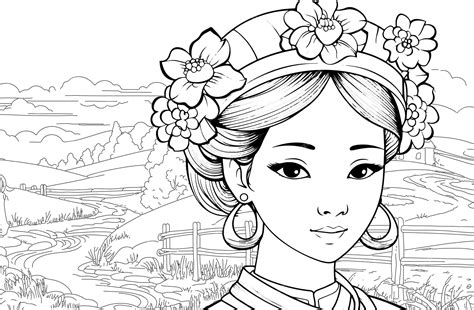 Jovem Princesa Asiática Retrato Página De Coloração Esboço Tinta Preta