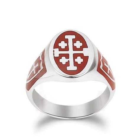 925 Sterling Silver Red Enamel Jerusalem Cross Shield Oval Signet Ring