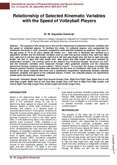 Pdf Relationship Of Selected Kinematic Variables With The Speed Of