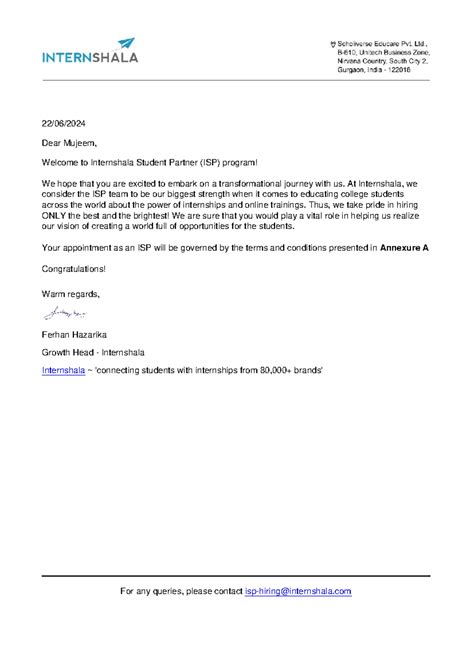 Isp 43 Joining Letter 2206 Dear Mujeem Welcome To Internshala