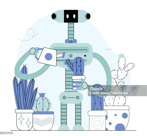 로봇 급수 식물 화분에 식물이 있는 봇 인공 지능 및 기계 학습 도우미 및 조수 원예 및 식물학 선형 벡터 그림 과학에 대한