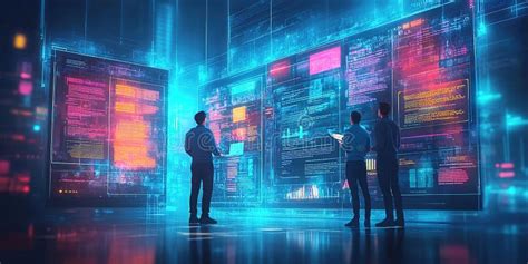 Professionals Analyzing Data In A Futuristic Digital Workspace At Night