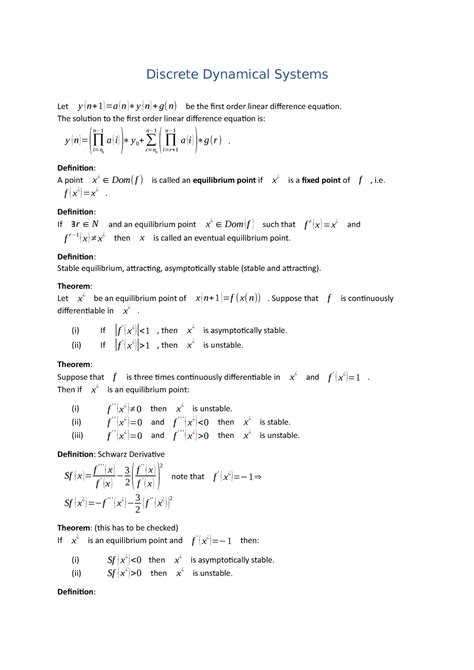 Discrete Dynamical Systems Summary Discrete Dynamical Systems Let Y N 1 A N ∗y N G N Be