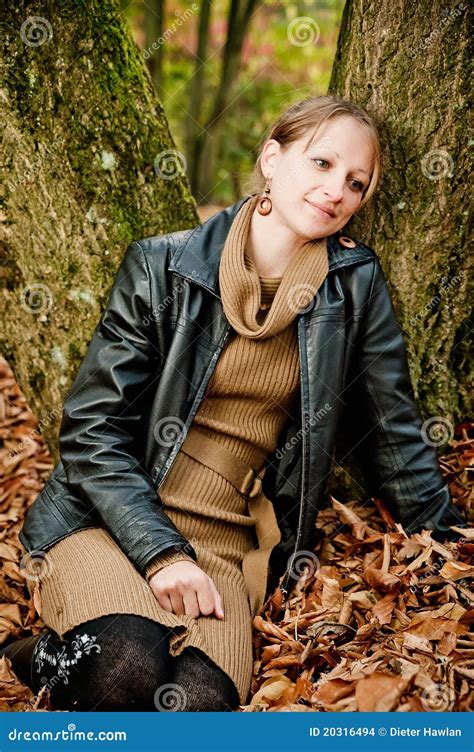 Woman Leaning On A Tree Stock Photo Image Of Golden