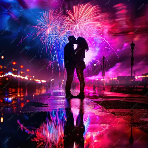 Romantic Couple Kissing Under Fireworks At Night Premium Ai Generated