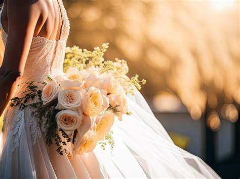 Premium Photo Wedding Dress And Flowers Bouquet Photo Ai Generative
