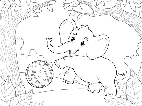 코끼리는 공을 가지고 노는 배경 나무와 단풍 어린이 색칠하기 책 벡터 프리미엄 벡터