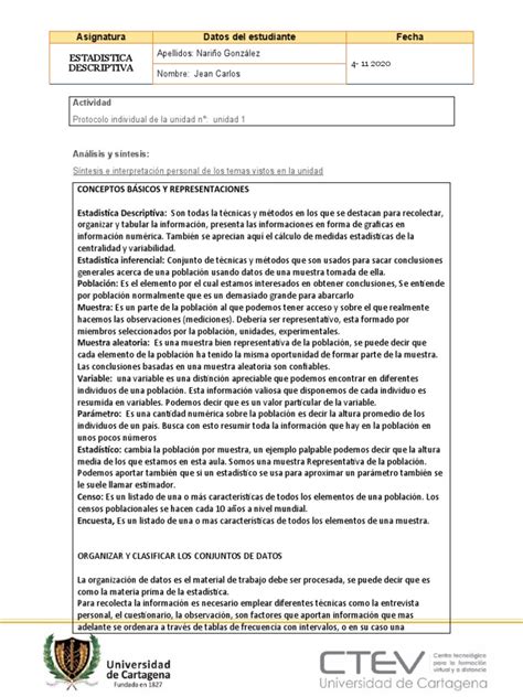Plantilla Protocolo Individual Unidad 1 Pdf Muestreo Estadísticas Estadísticas