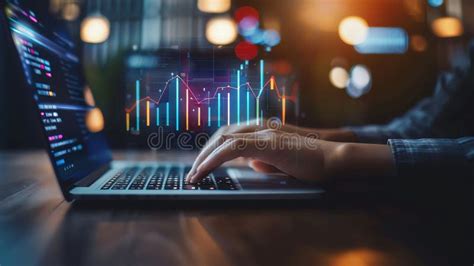 Close Up Of Hands Typing On Laptop With Financial Graphs And Charts