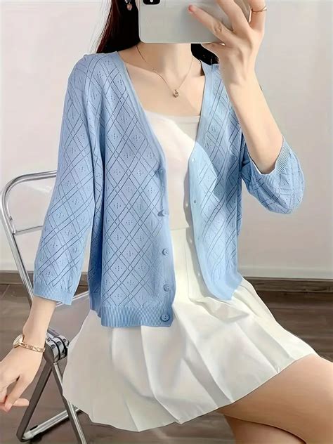 Eyelet Button Front Knit Cardigan Casual V Neck Solid Temu