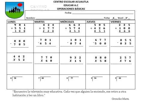 Operaciones Basicas Tercer Grado Ficha 6 Pdf