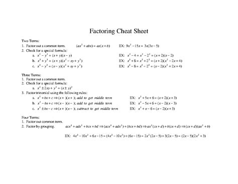 Factoring Rules Cheat Sheet Two To Four Terms Studocu