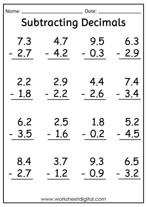 Two Digit Decimal Subtraction Sums Printable Large Font Grade 1 And 2