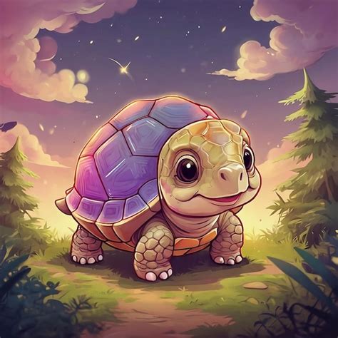 A Turtle With A Purple Shell On Its Back Sits In A Forest Premium Ai