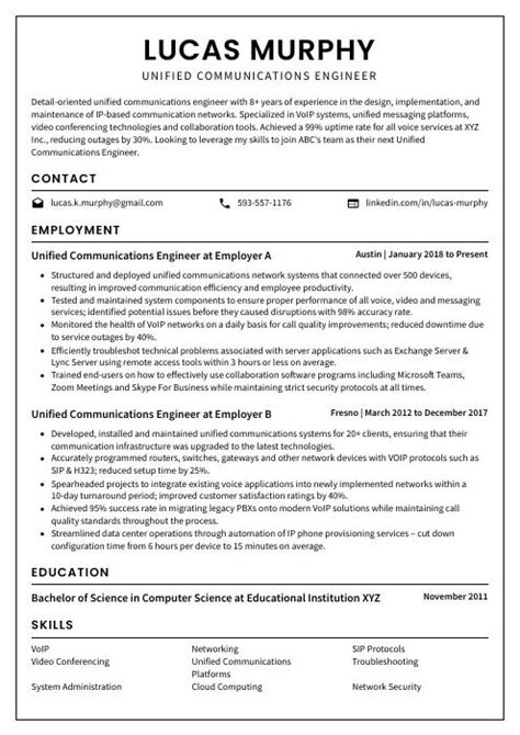 Unified Communications Engineer Resume Cv Example And Writing Guide