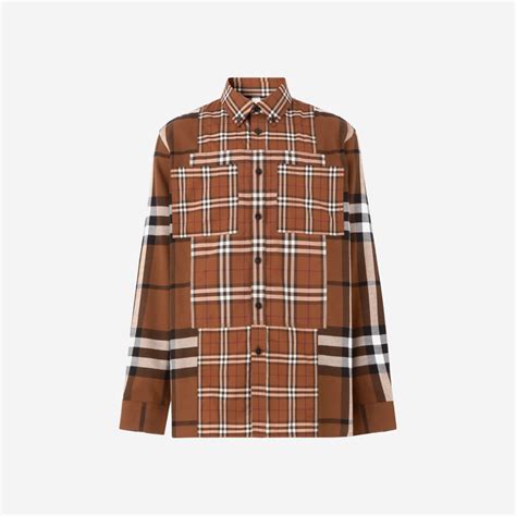 버버리 콘트라스트 패널 체크 코튼 플란넬 셔츠 웜 월넛 Burberry Kream