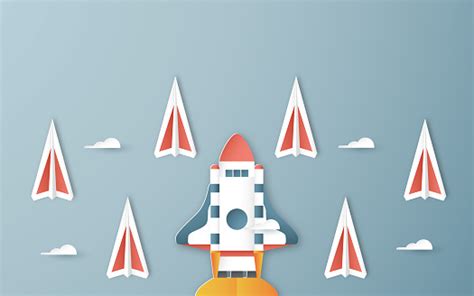 종이 절단 공예 및 종이 접기 스타일에서 시작 개념 벡터 일러스트 레이 션 로켓은 파란 하늘을 날고 있다 웹 배너 포스터 표지 광고에 대 한 템플릿 디자인입니다 아이 들을