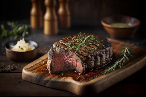 Juicy Grilled Steak With Herbs And Spices On Rustic Cutting Board
