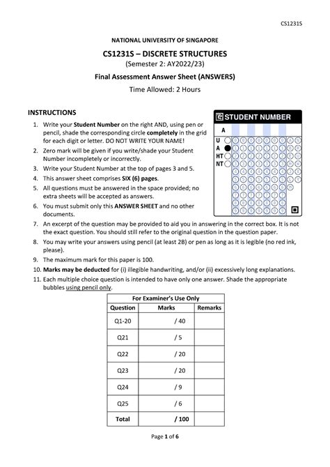 Cs1231s Exam22s2 Answers NATIONAL UNIVERSITY OF SINGAPORE CS1231S