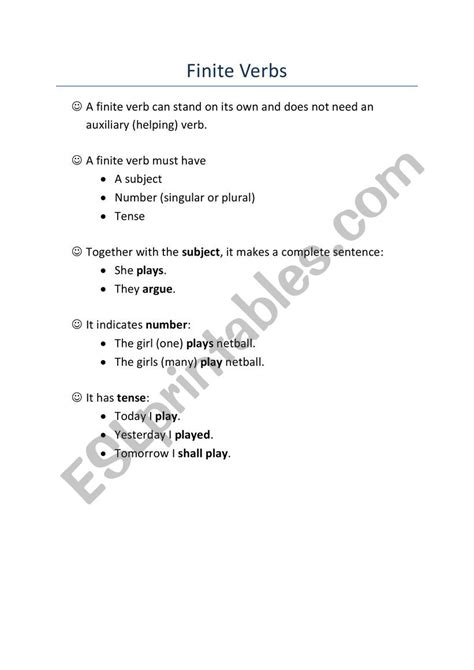 Finite Verbs Explanation ESL Worksheet By Sweetginav