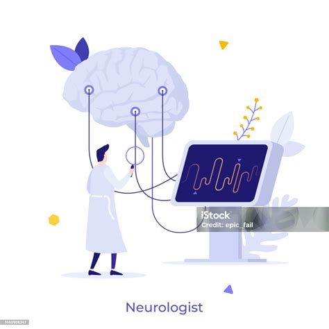 신경과 전문의 신경 과학자 뇌파 표시가 있는 디스플레이에 연결된 뇌를 보고 있는 의사 신경학 신경 과학 뇌파 검사의 개념 현대 평면 다채로운 벡터 그림입니다 뇌전도에 대한